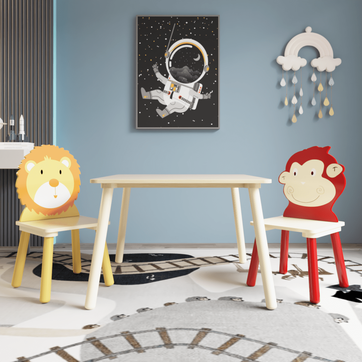 Triple Tree Kids Table and Chair Set, 3 Pieces, Wood, Cartoon Animals ...