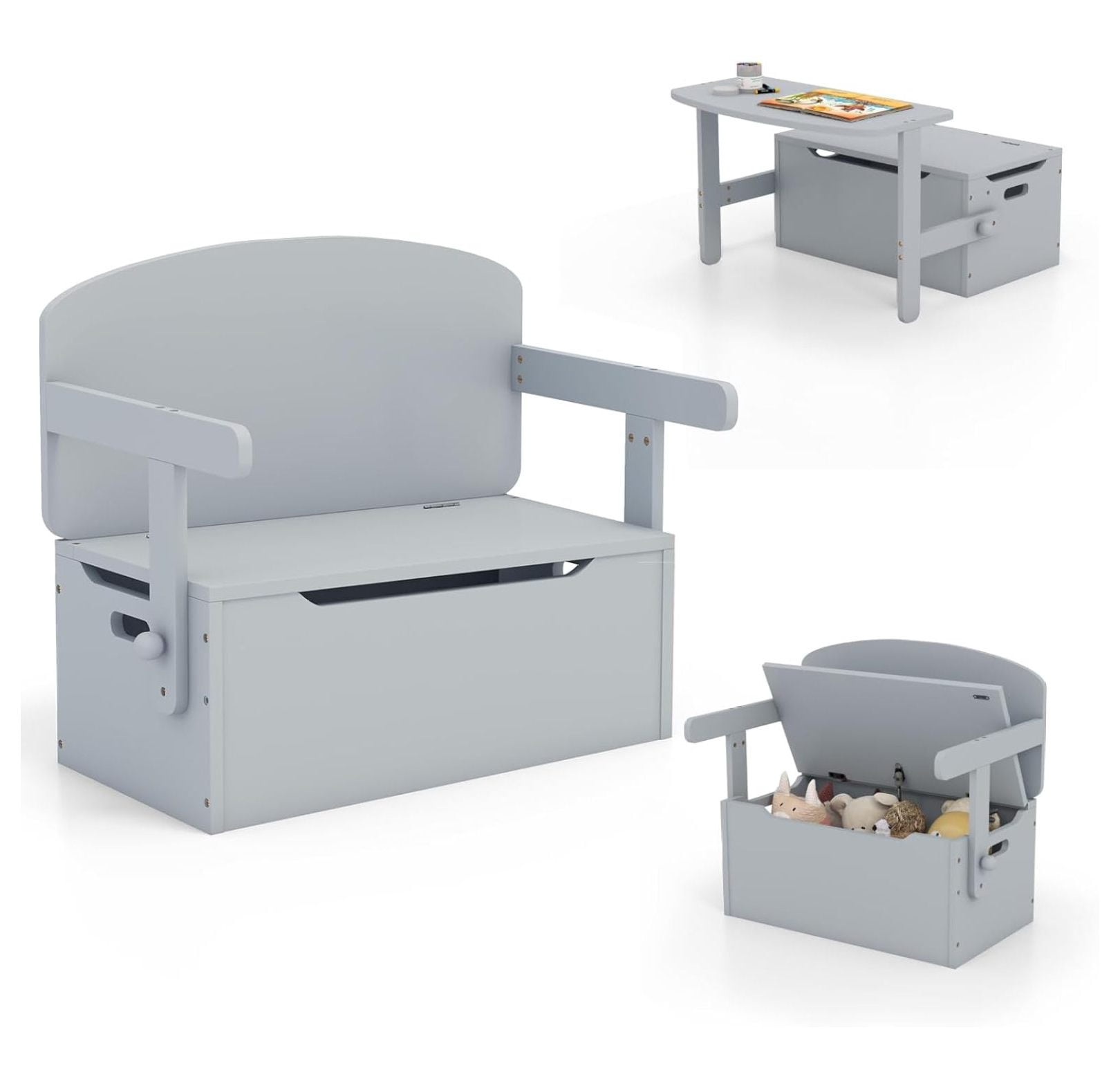 Kids Table and Chair Set, 3-in-1 Convertible Wooden Toy Storage Bench ...