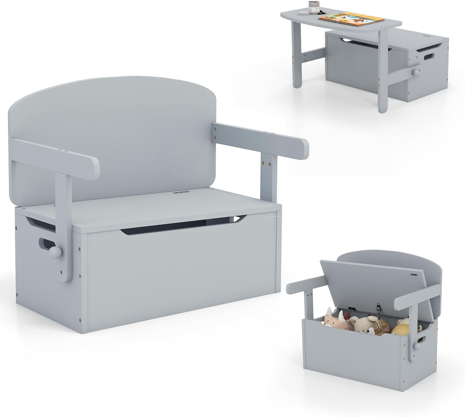 Kids Table and Chair Set, 3-in-1 Convertible Wooden Toy Storage Bench ...