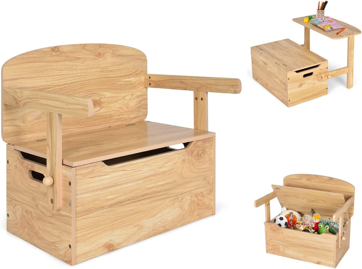 Kids Table and Chair Set, 3-in-1 Convertible Wooden Toy Storage Bench ...