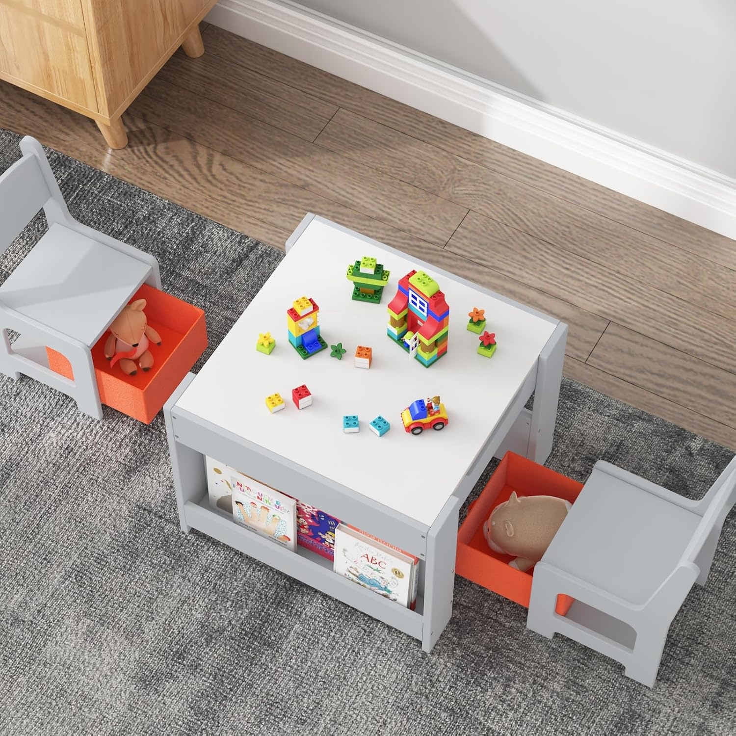 Kids Table and Chair Set, 4 in 1 Wooden Activity Table & 2 Chairs with ...