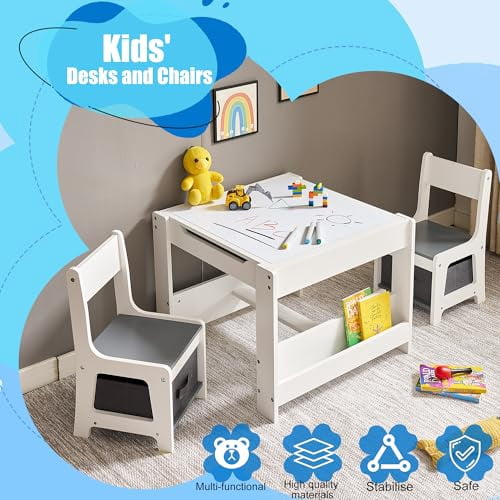Kids Table and Chair Set, 4 in 1 Wooden Activity Table with Bookshelves ...