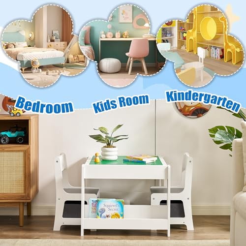 Kids Table and Chair Set, 4 in 1 Wooden Activity Table with Bookshelves ...
