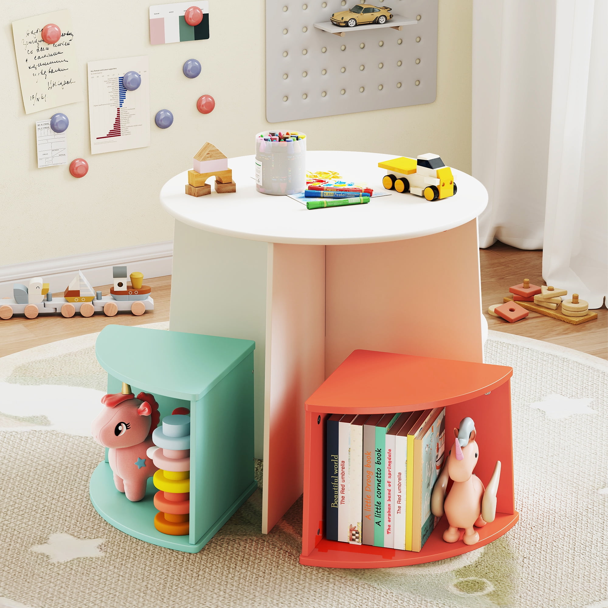 Kids Table and Chair Set with 4 Storage Stools, Round Wooden Children ...