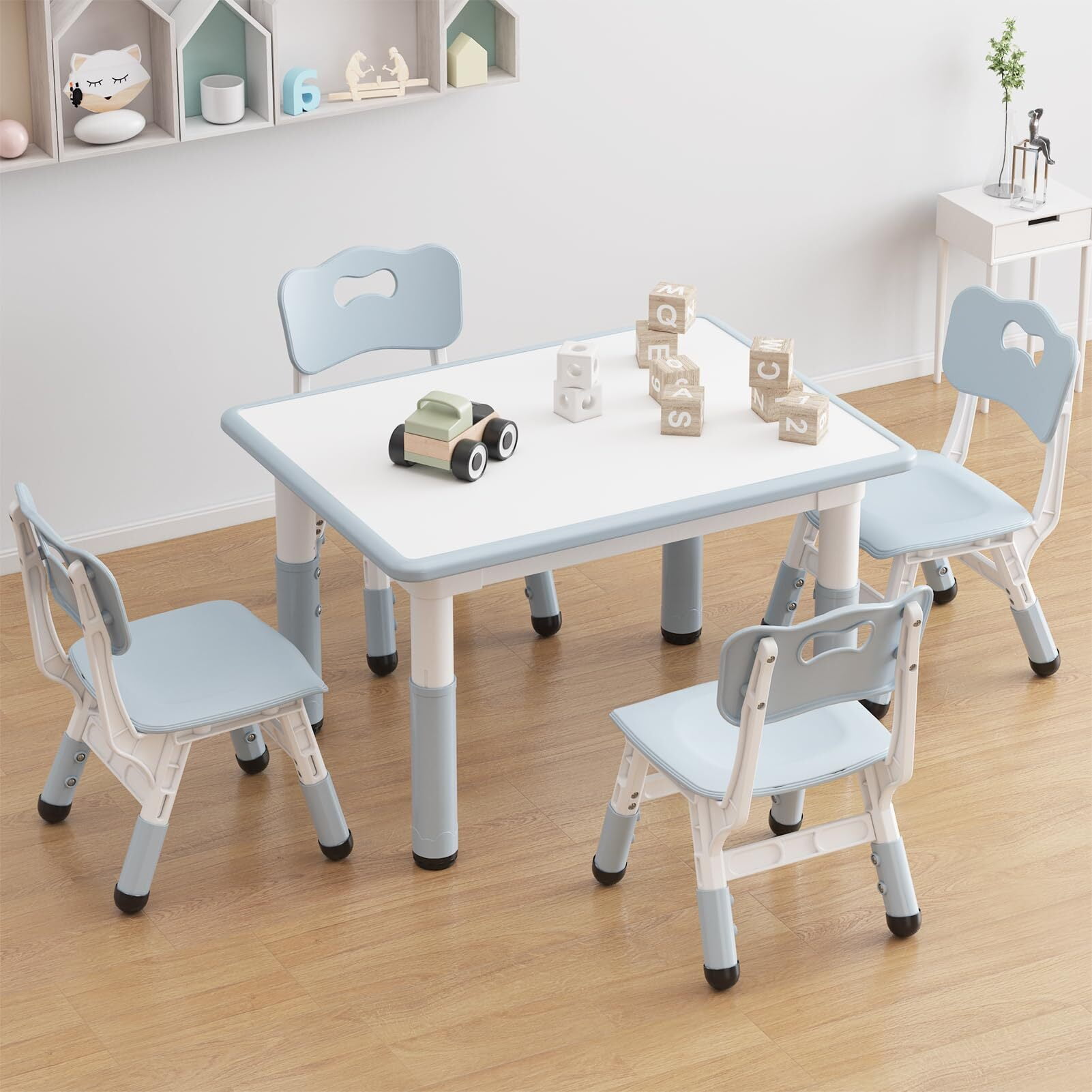 Kids Table and Chair Set, Height Adjustable Toddler Table and 4 Chairs Set for Ages 2-10 ...
