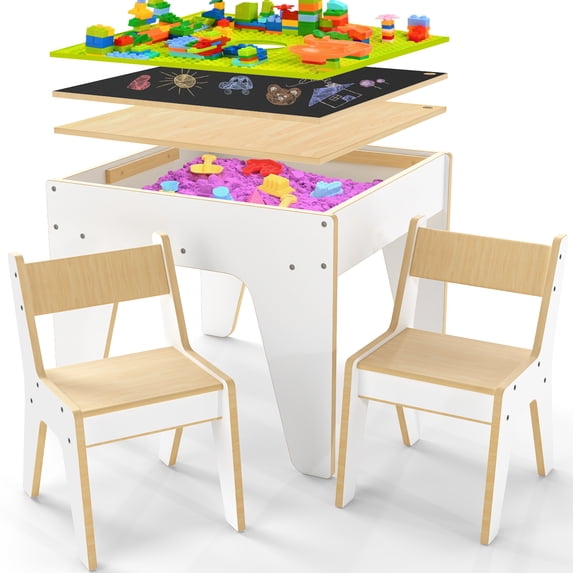 Kids Table and Chair Set, Reversible Wooden Activity Table with Board ...