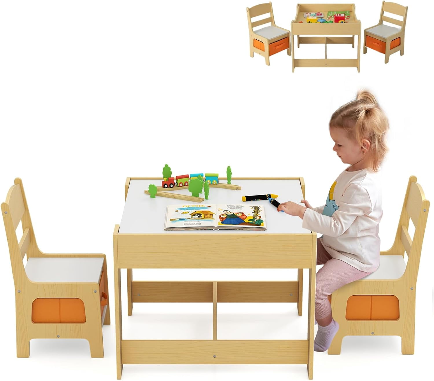 Kids Table and Chairs, 3 in 1 Activity Table with Storage Drawer ...