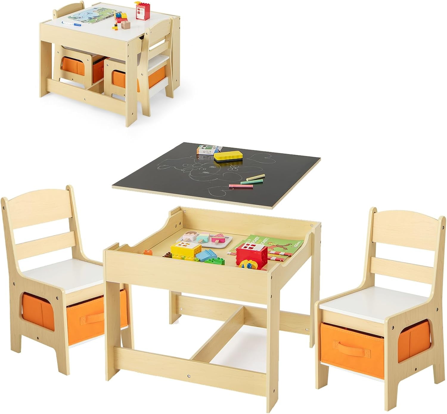 Kids Table and Chairs, 3 in 1 Wooden Activity Table with Storage ...
