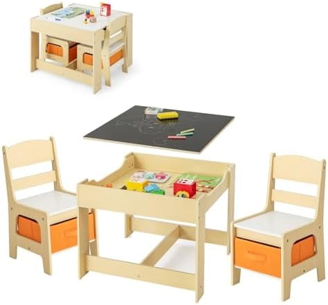 Kids Table and Chairs, 3 in 1 Wooden Activity Table with Storage ...