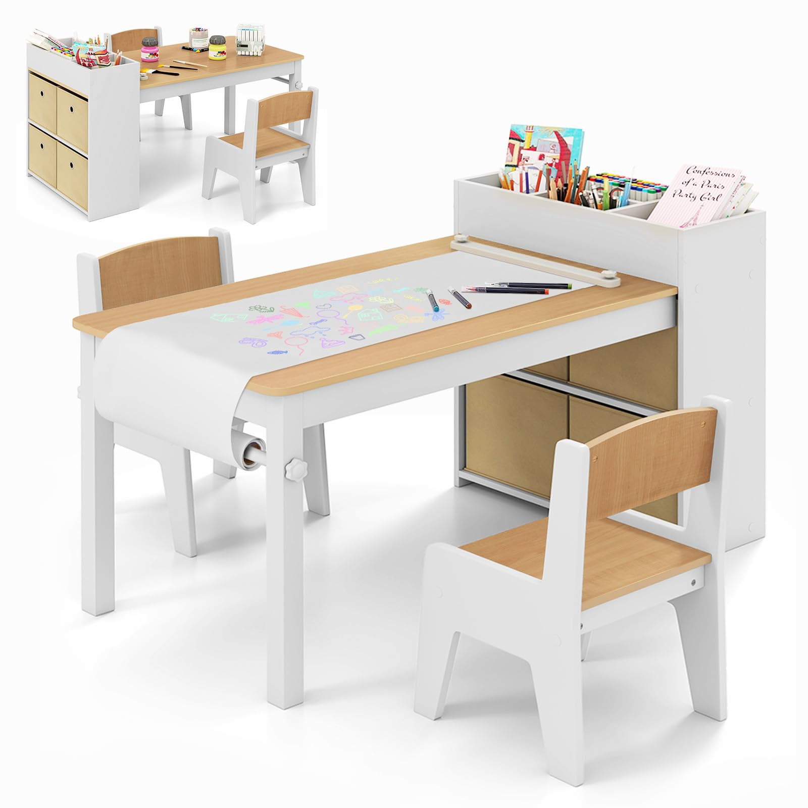 Kids Table and Chairs, 3 in 1 Wooden Art Drawing Table with 2 Chairs, 4 ...