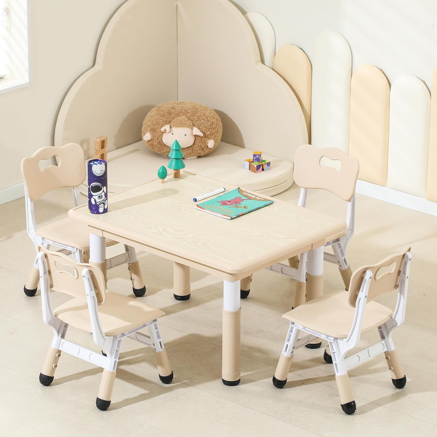 Kids Table and Chairs, Height-Adjustable Toddler Table and Chair Set with 31.5''Lx23.6''W ...