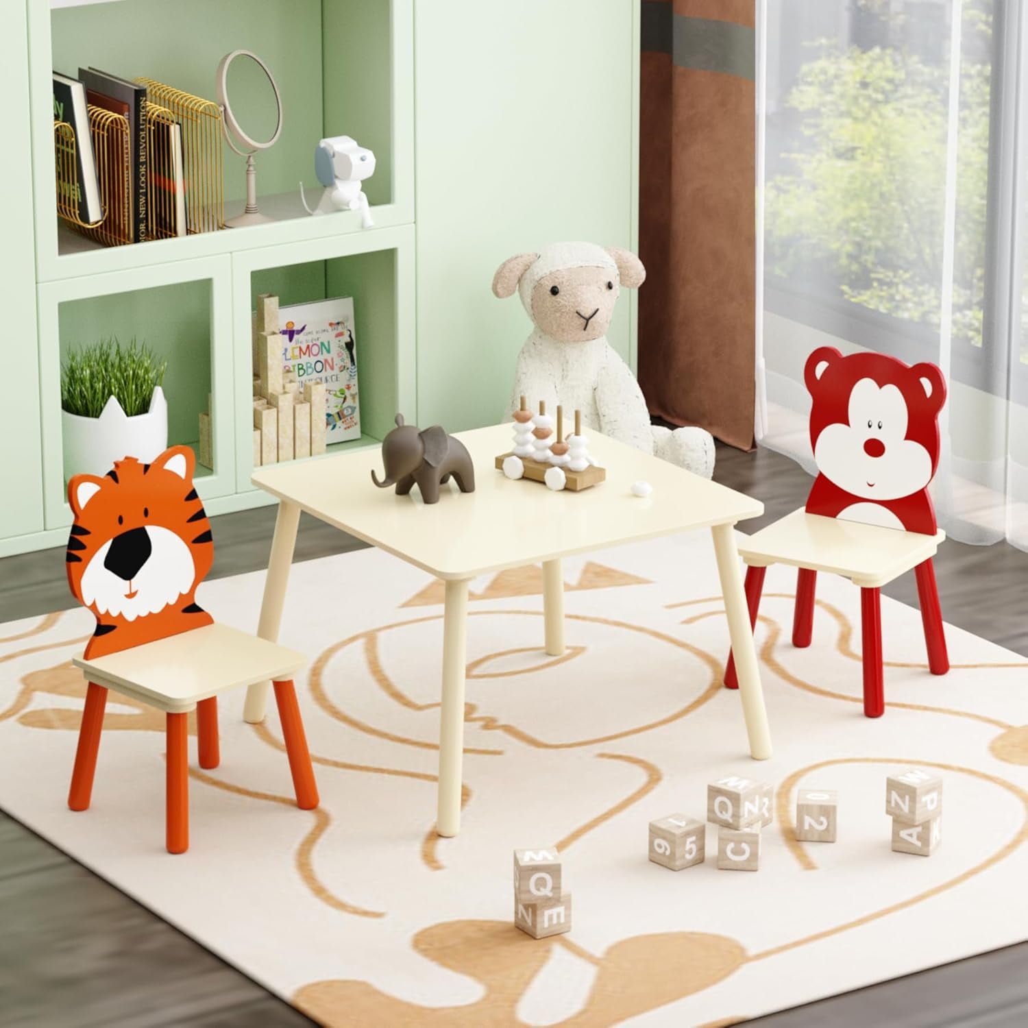 Kids Table and Chairs Set, 3 Piece Kids Wood Table with 2 Chairs Set ...