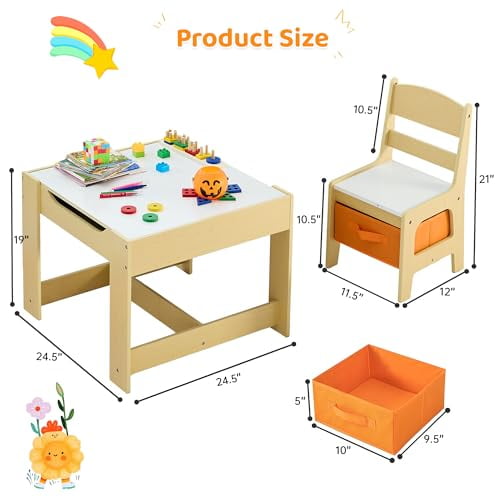 Kids Table and Chairs Set, 4 in 1 Wooden Kids Table with Reversible ...