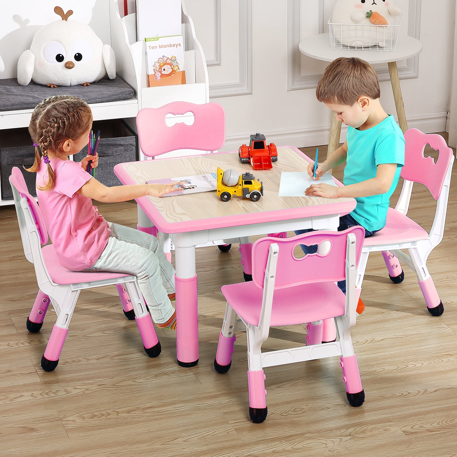 Mekek Kids 7-Piece Adjustable Height Activity Table and Chair Set, Pink ...