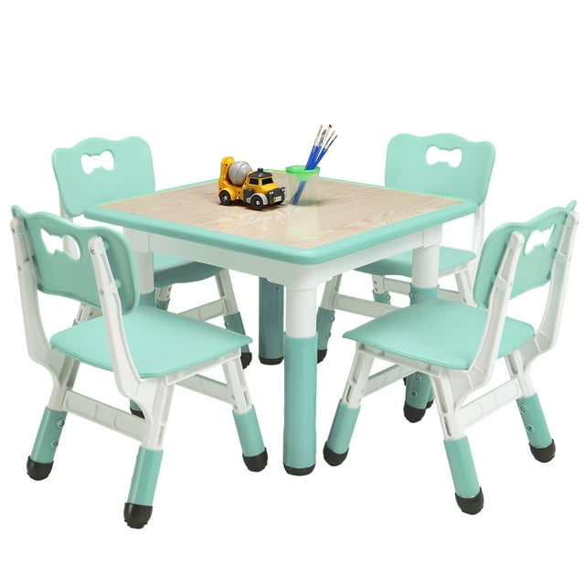 Kids Table and Chairs Set, Height Adjustable Desk with 4 Seats for Ages ...