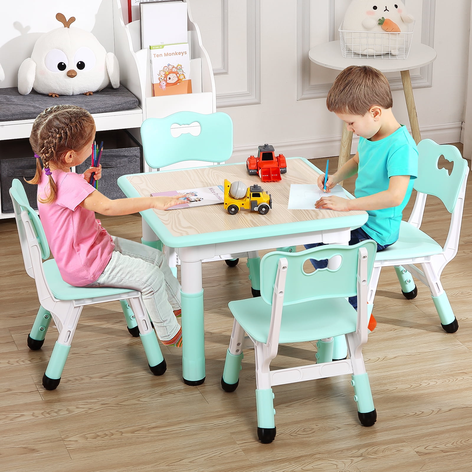 Kids Table and Chairs Set, Height Adjustable Desk with 4 Seats for Ages ...