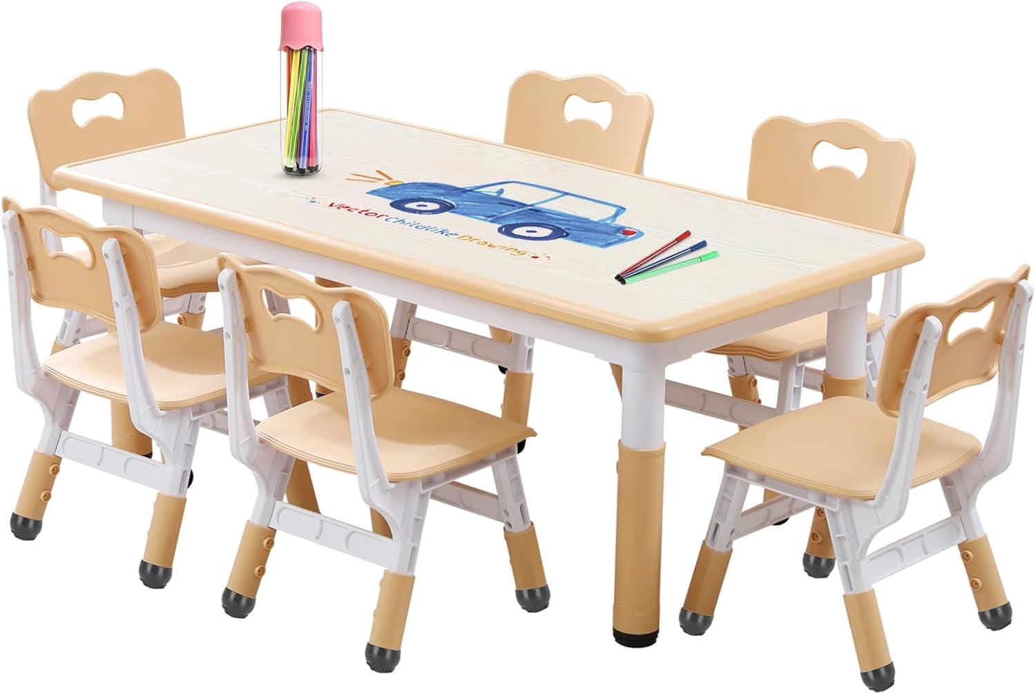 Kids Table and Chairs Set, Height Adjustable Desk With 6 Seats for Ages ...