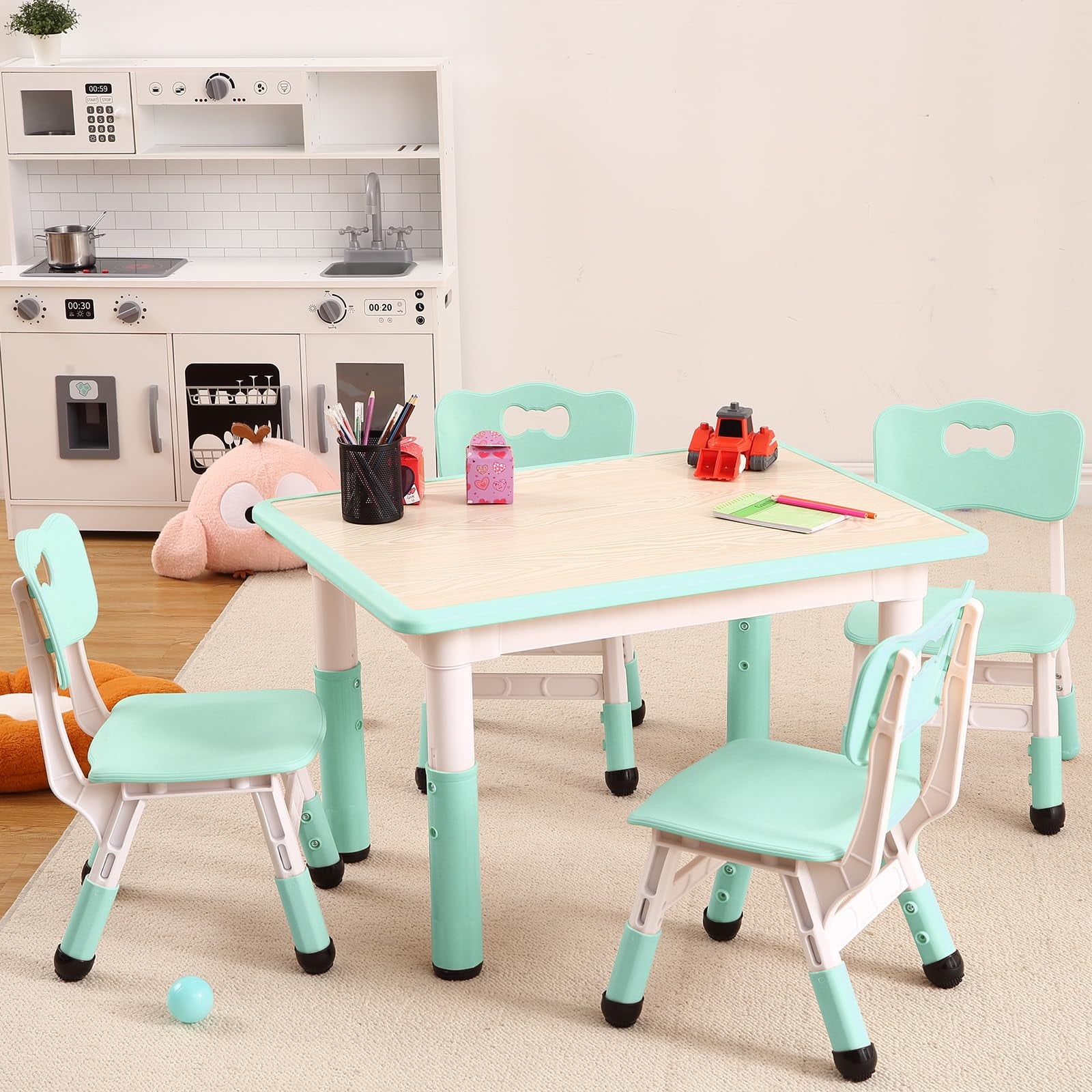 Kids Table and Chairs Set, Height Adjustable Desk With 4 Seats for Ages ...