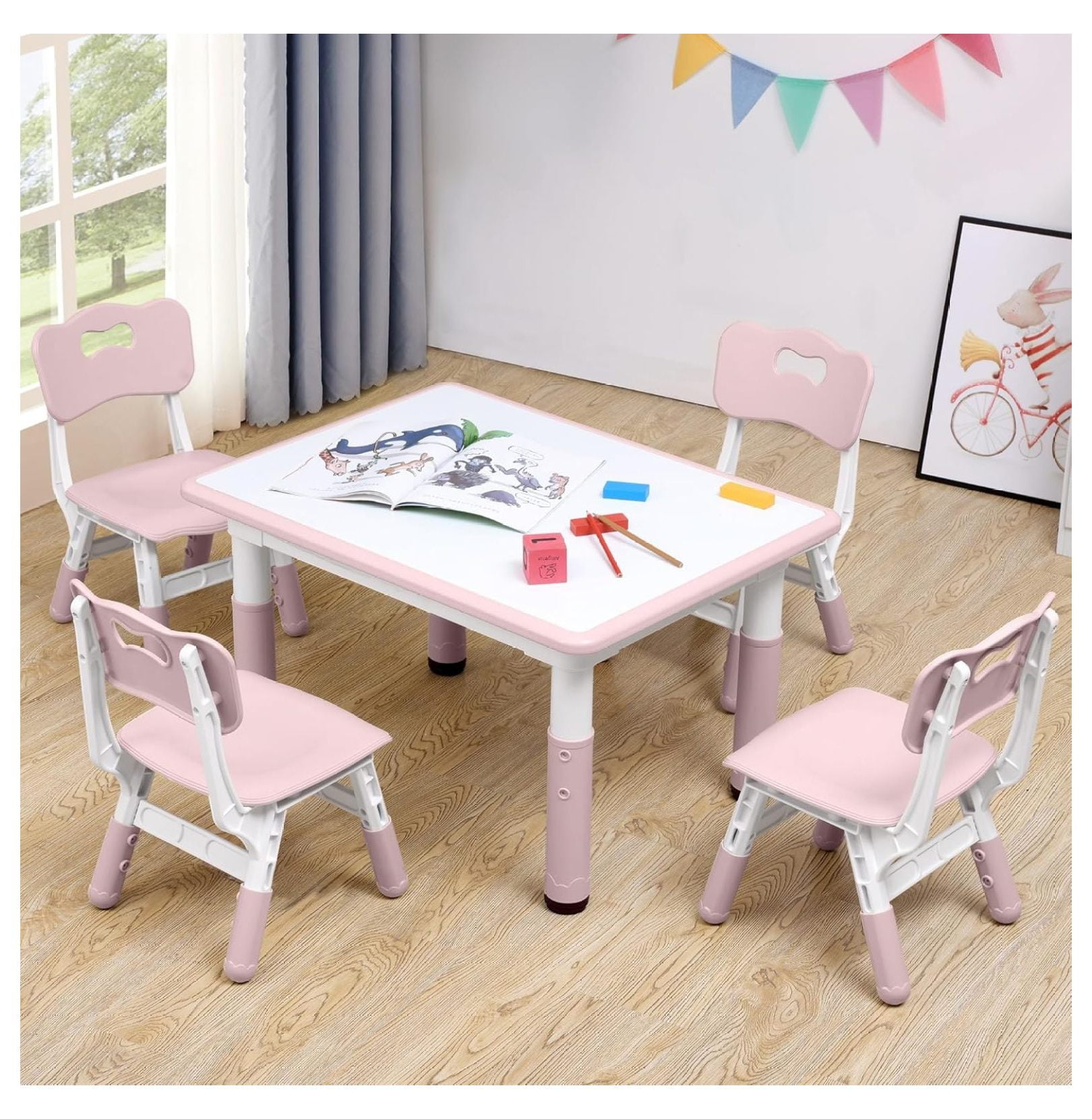Kids Table and Chairs Set, Height-Adjustable Toddler Table and Chairs ...