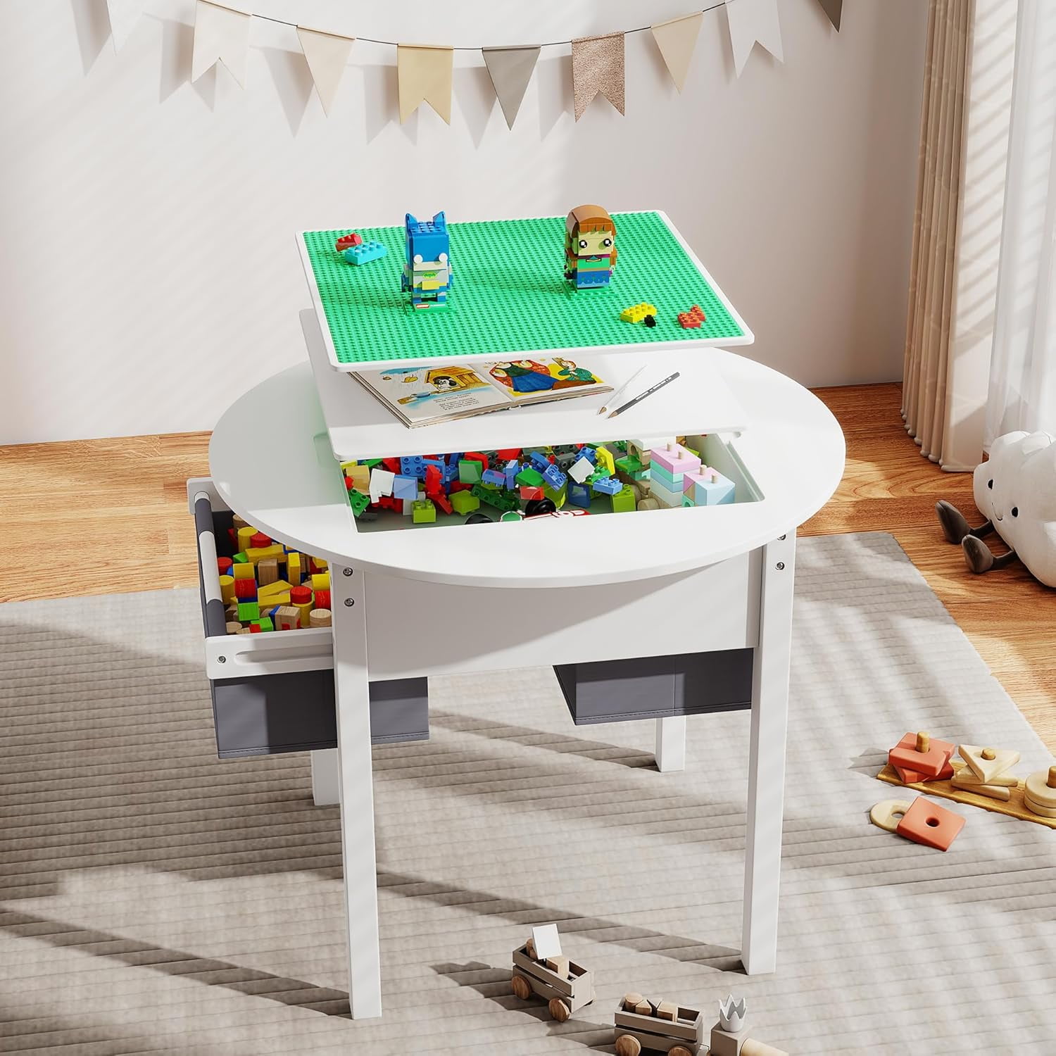 Kids Table with Storage, Wooden Kids Play Table with 2 Canvas Drawers ...