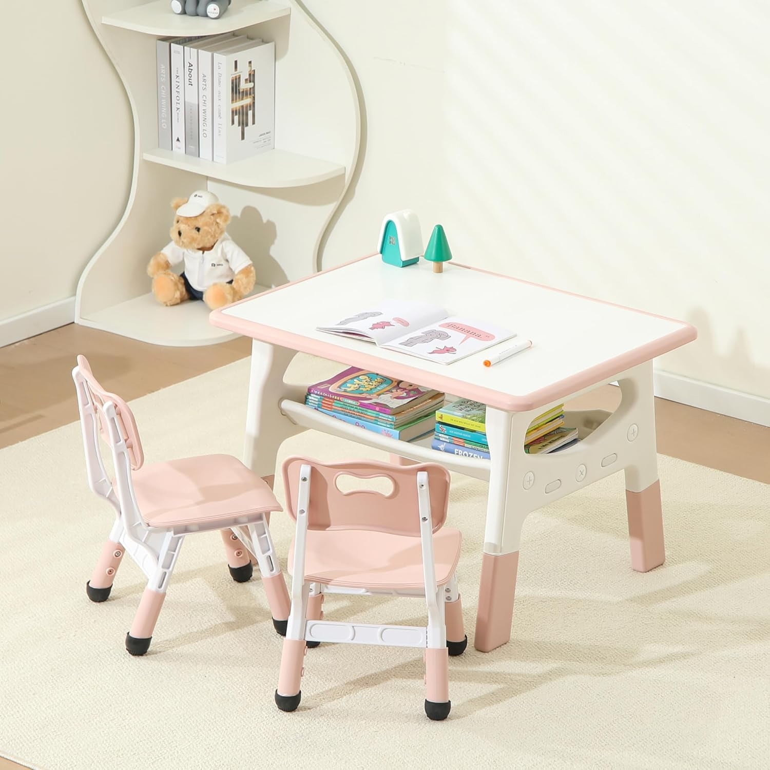 Kids Table and 2 Chairs Set, Large Built-in Storage, Adjustable Toddler ...