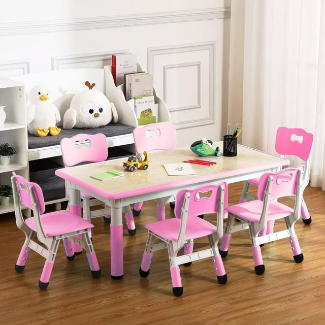 Kids Table and 6 Chairs Set, Height Adjustable Toddler Table and Chair ...