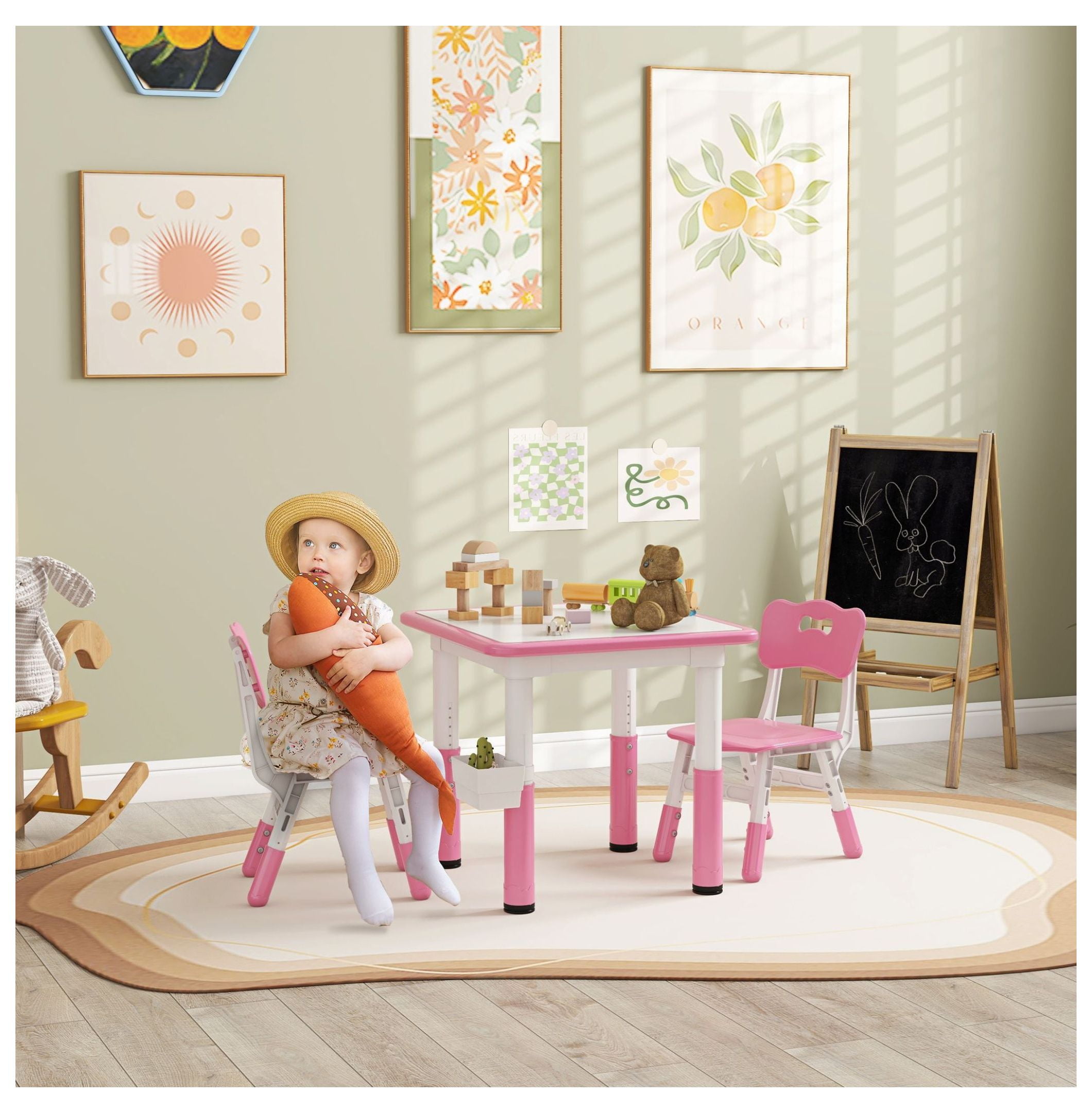 Kids Table and Chair Set, Adjustable Height 3pcs, Pink Toddler Table Set for Daycare, Preschool ...