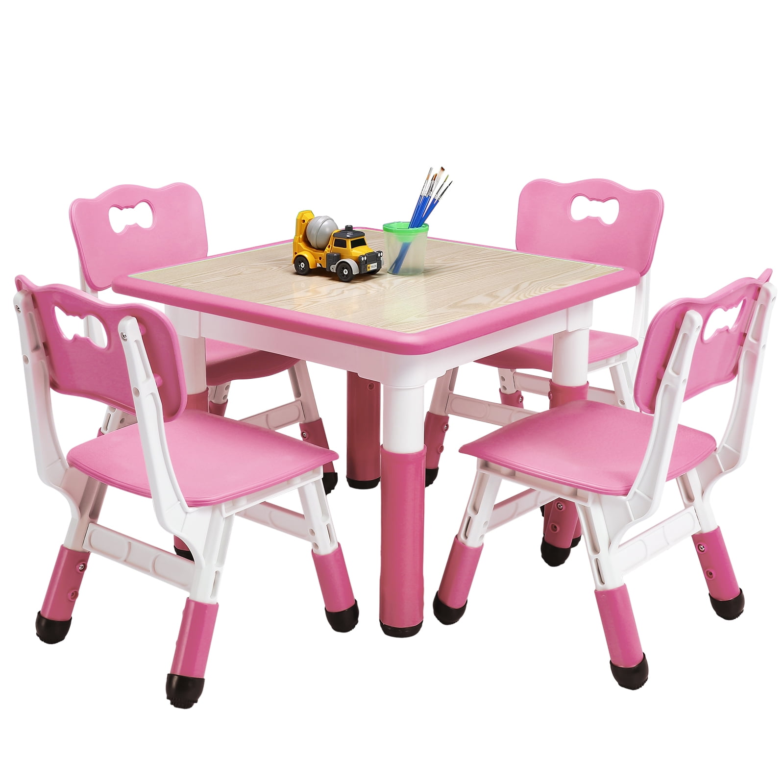 Kids Table and Chairs Set, Height Adjustable Desk with 4 Seats for Ages ...
