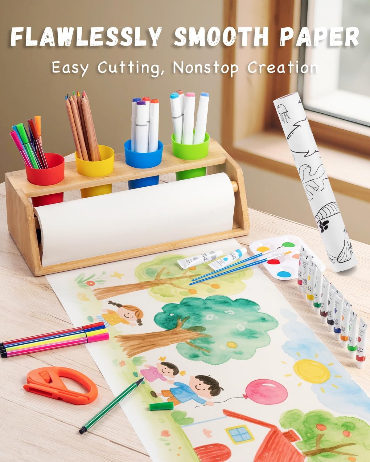 Kids Tabletop Easel Paper Roll Dispenser - w/Blank & Patterned Rolls ...