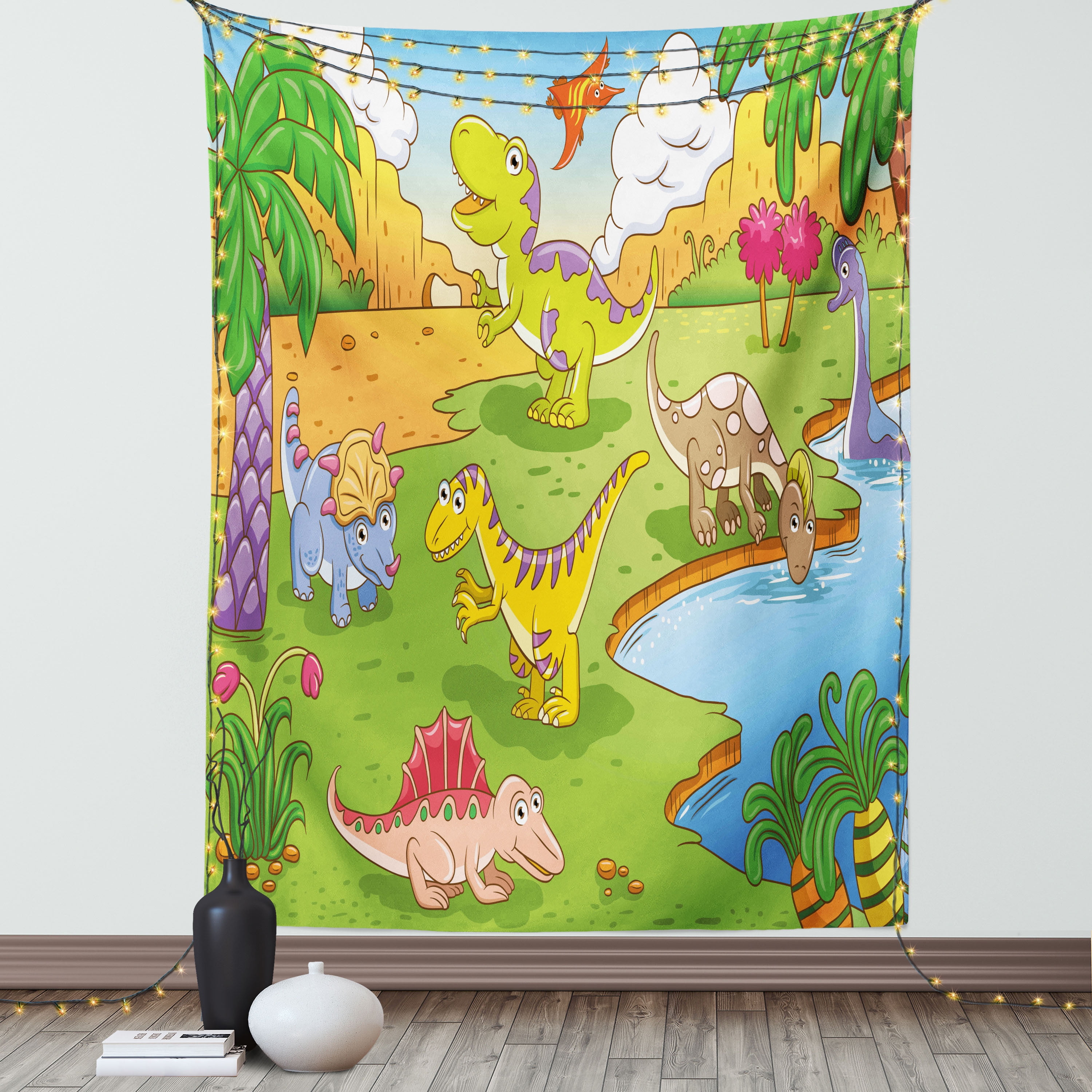 Kids Tapestry, Cartoon Style Animals in Prehistoric Scene Meadow Trees ...
