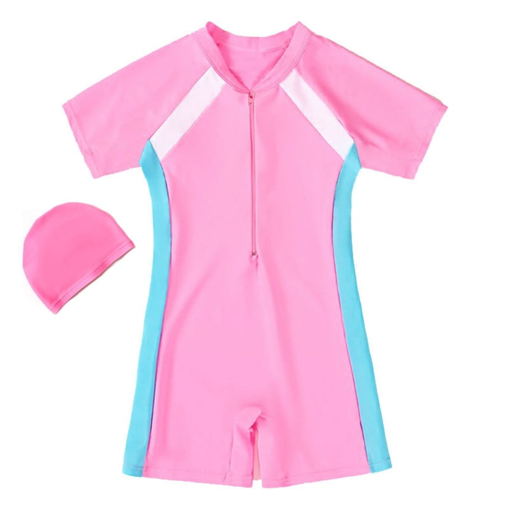 Kids Teens Unisex One Piece Swimsuit Rash Guard with Sun Hat Zipper ...
