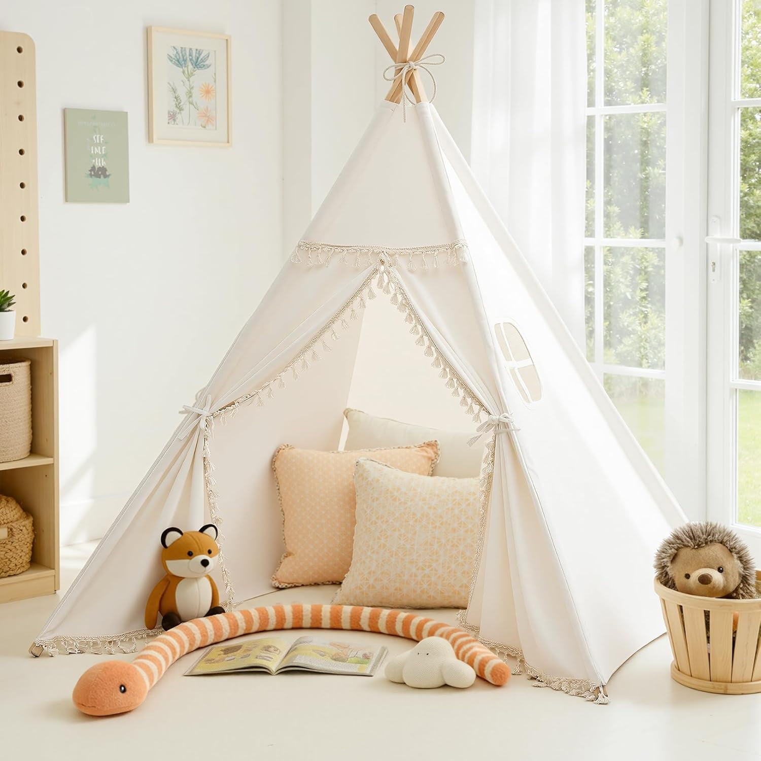 Kids Teepee Tent - Natural Canvas Playhouse with Fringe, Washable ...