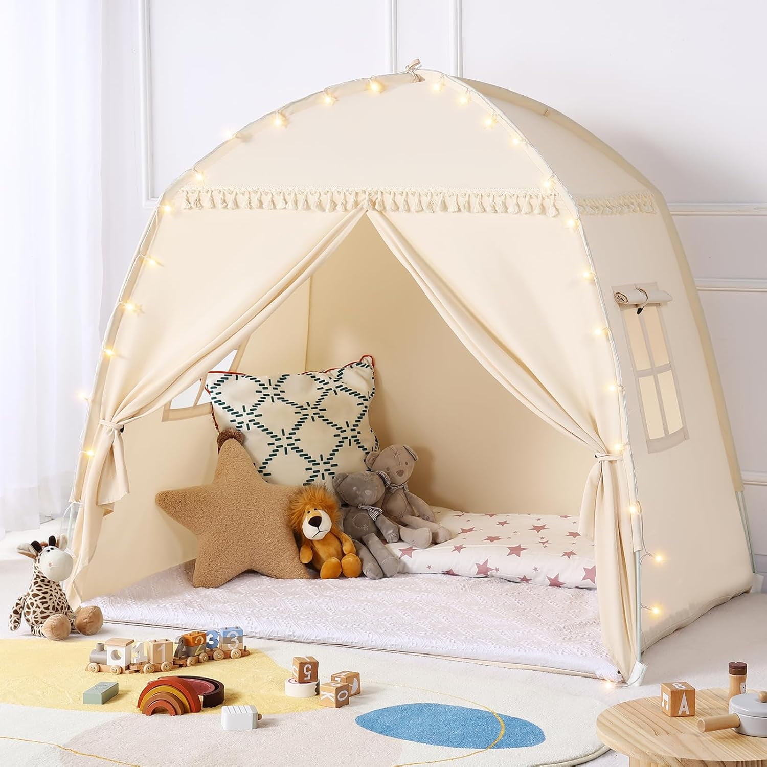 Kids Tent Beige Play Tent with Long Mesh Curtain Large Playhouse for ...
