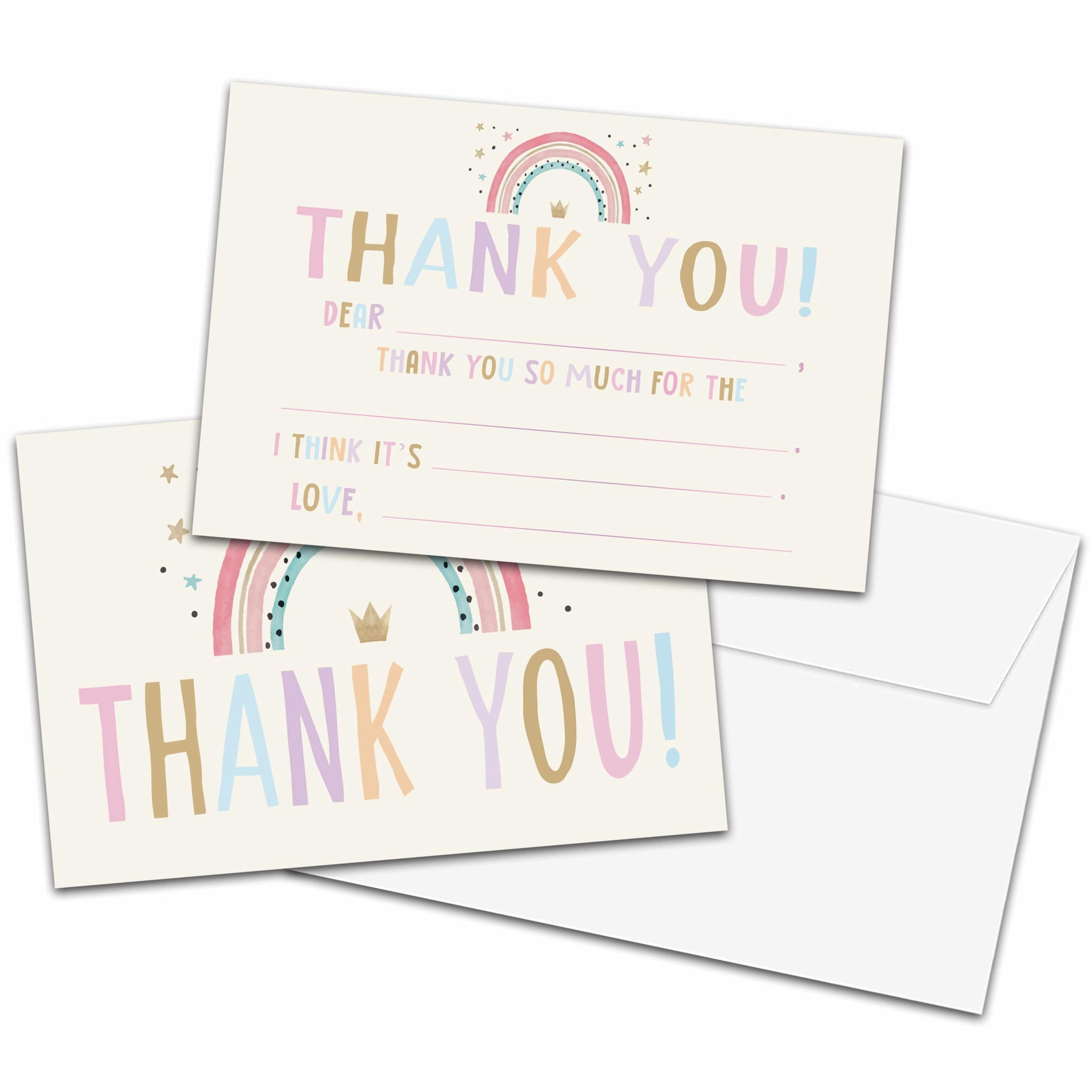 Kids Thank You Cards Fill in the Blank, Boho Rainbow Thank You Cards ...