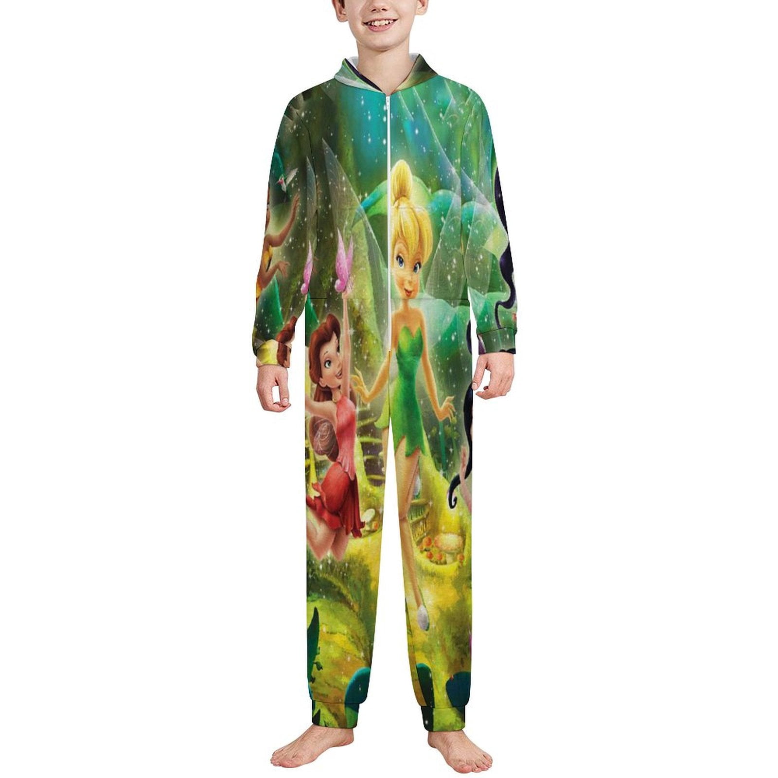 Kids Tinker Bel Onesie Pajamas Zip Up One Piece Hooded Sleepwear Fleece ...