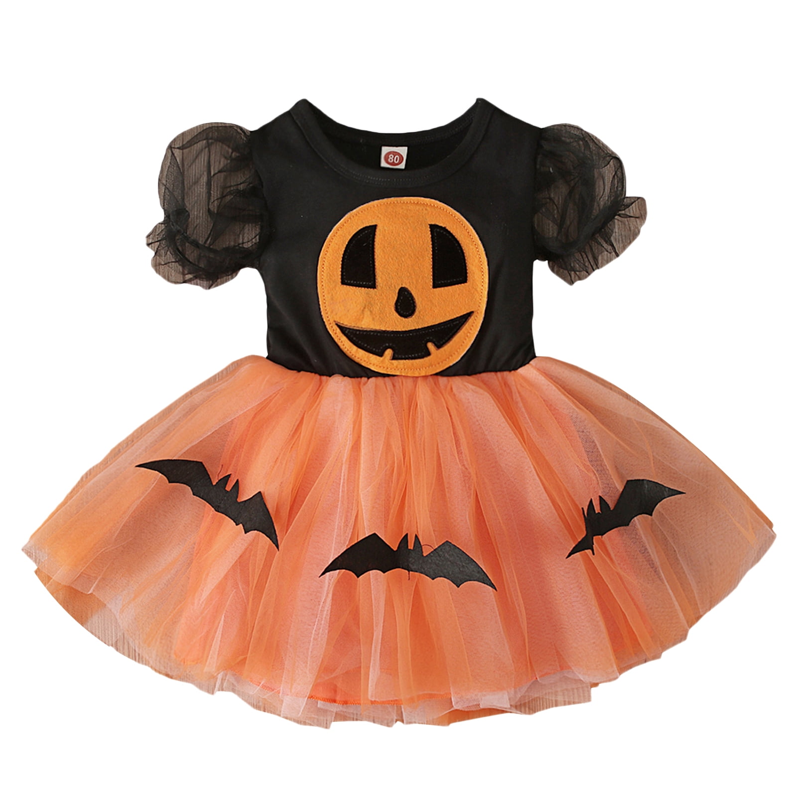 Kids Toddler Baby Girl Halloween Dress Mesh Short Puff Sleeve Pumpkin Bat Tutu Tulle Dress ...