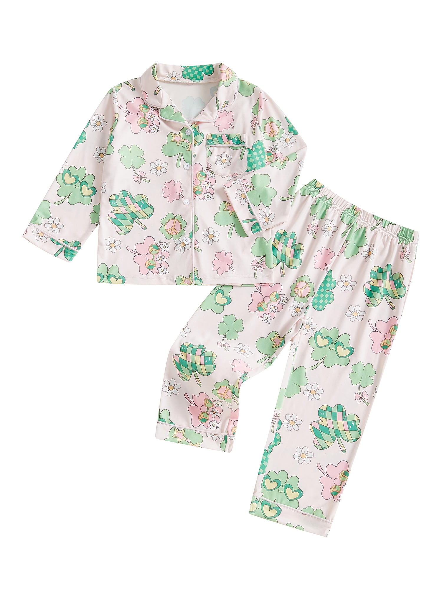 Kids Toddler Spring Pajama Sets Shamrock Pattern Button V Neck Long ...