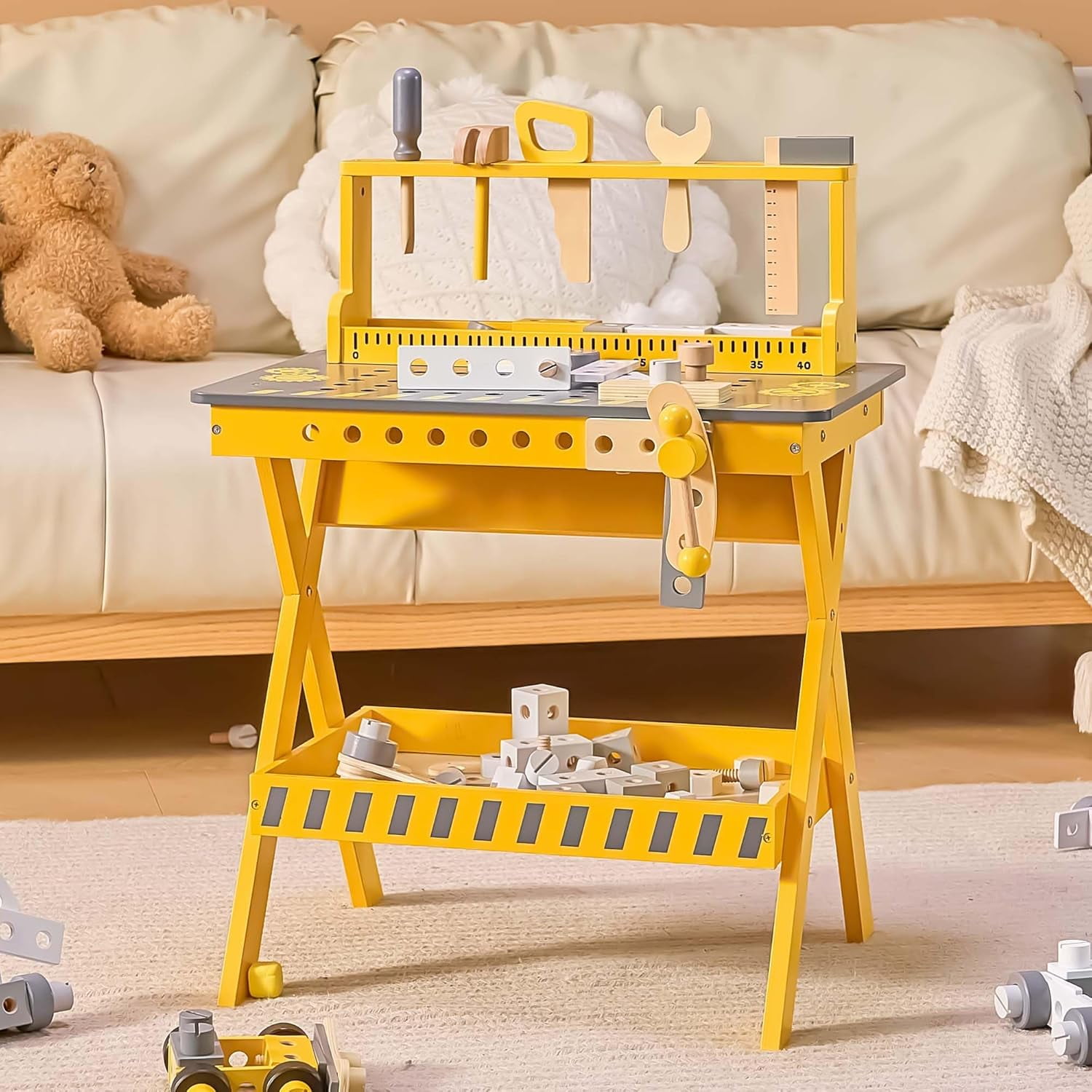 Kids Tool Bench with Sturdy Wood, Toddler Workbench with Realistic Toy ...