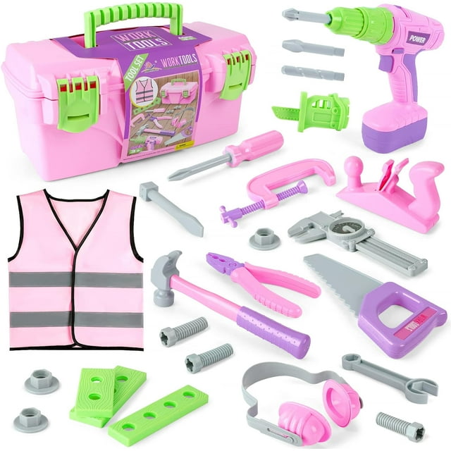 Kids Tools Set, Pretend Play Toy with Electric Drill, Pink Tool Kit ...