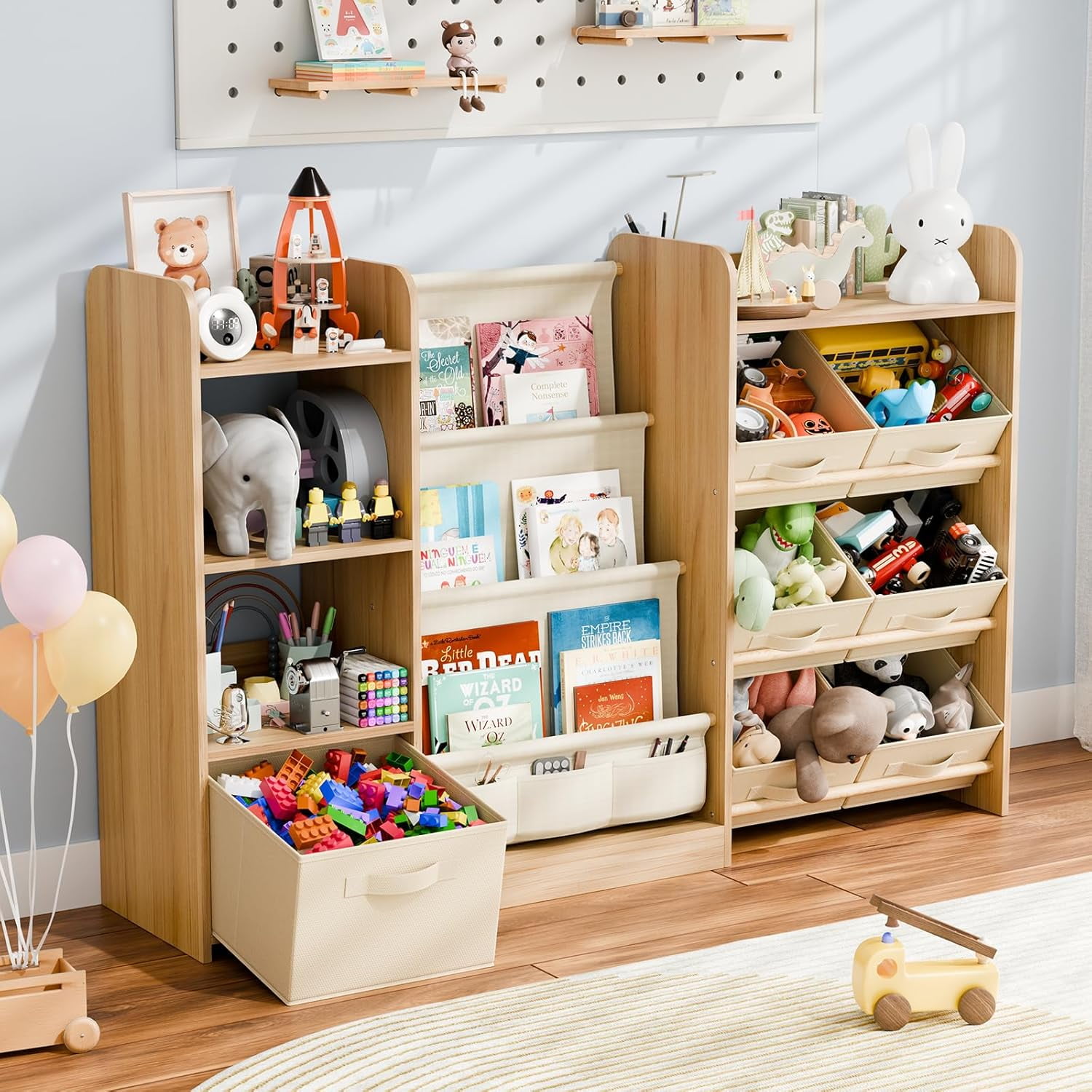 Kids Toy Book Storage Organizer - Large Bookshelf with 7 Removable Bins ...