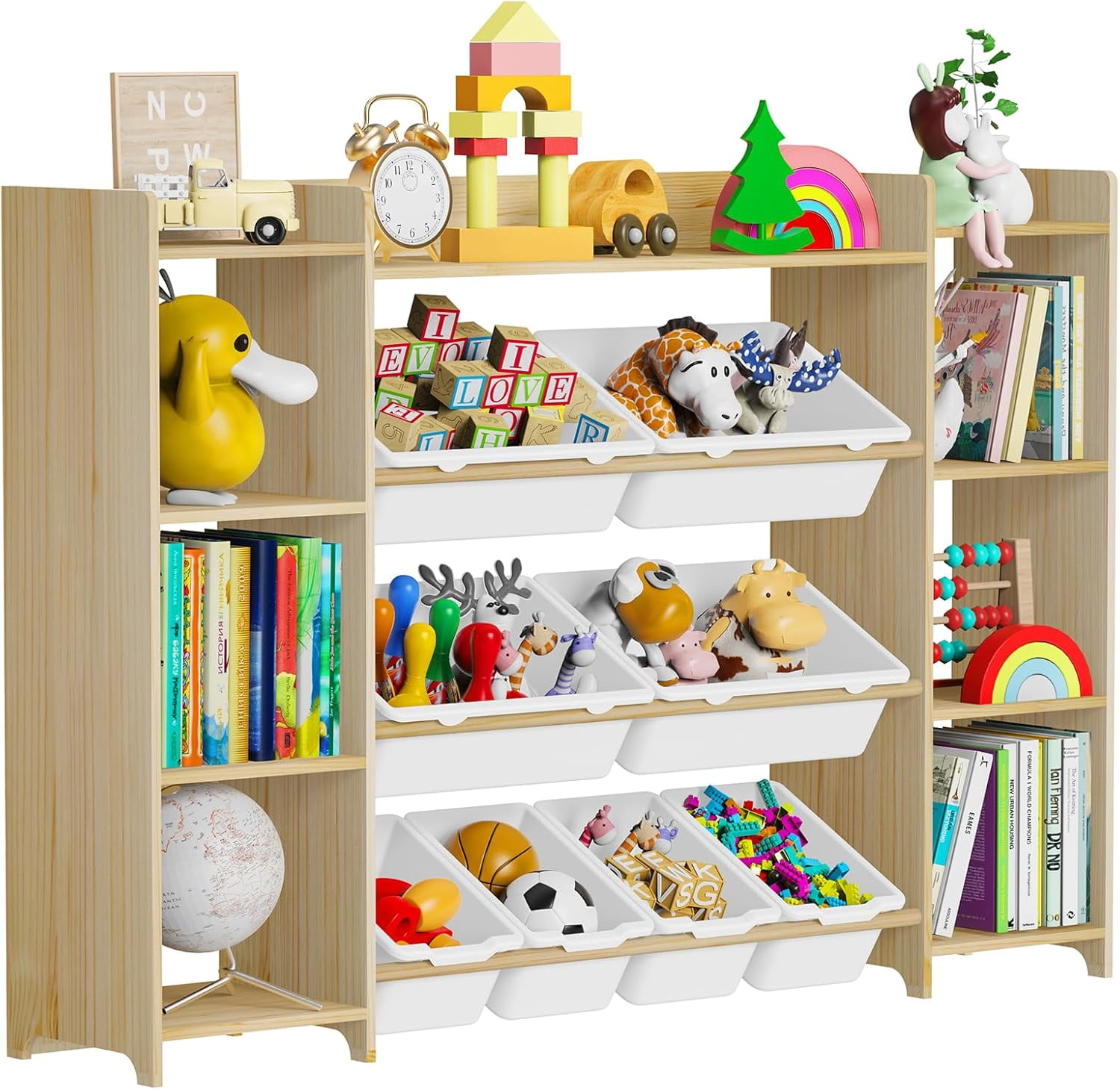 Kids Toy Organizer with Bookshelf, 4-Tier Toy Organizers W/8 Removable ...