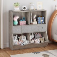 UTEX Kid's Bookshelf and Toy Box Combo, Wooden Playroom Storage Unit ...
