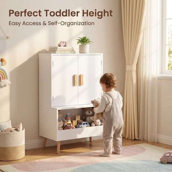 Kids Toy Storage Cabinet with Doors and Open Shelf, White Wooden ...