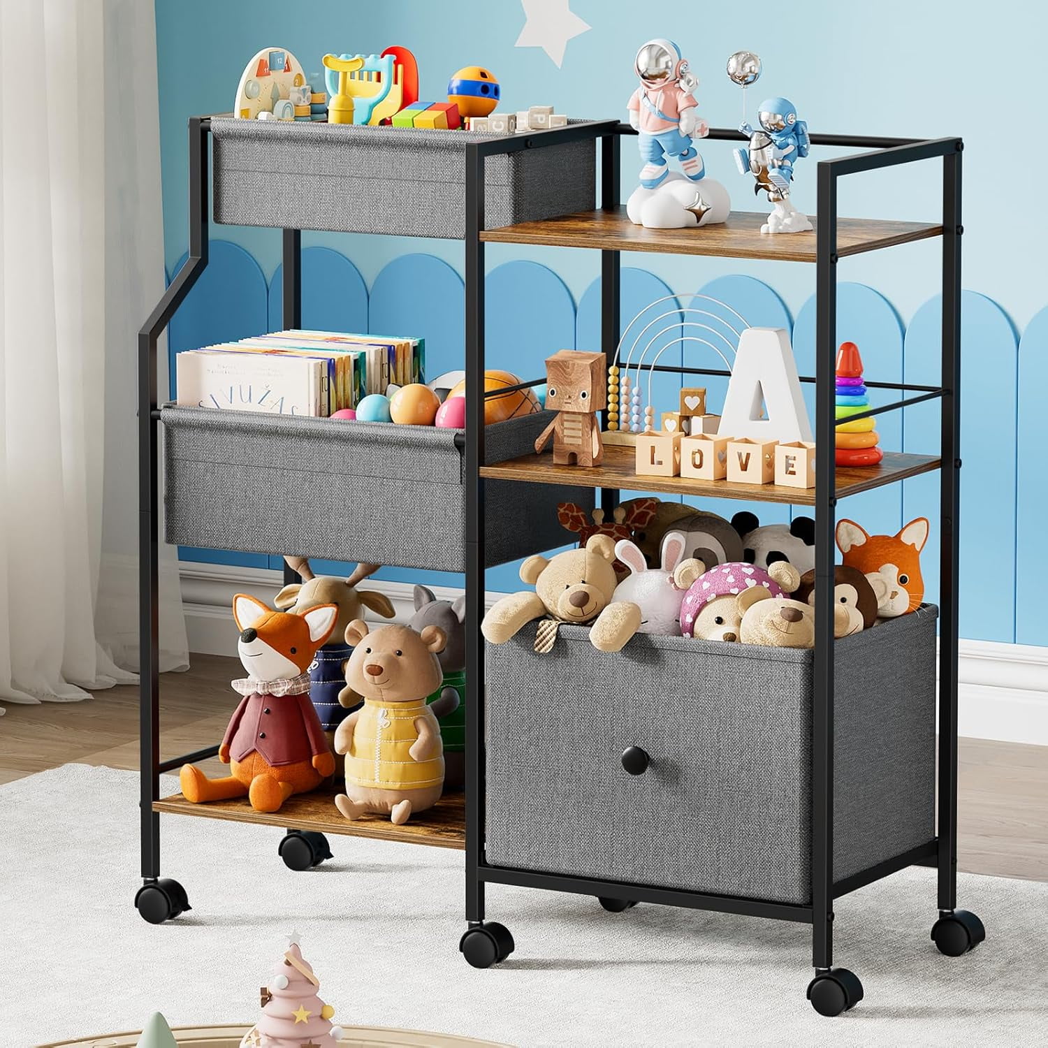 Kids Toy Storage Organizer - Toy Shelf Organizer, Sturdy Wooden Book ...