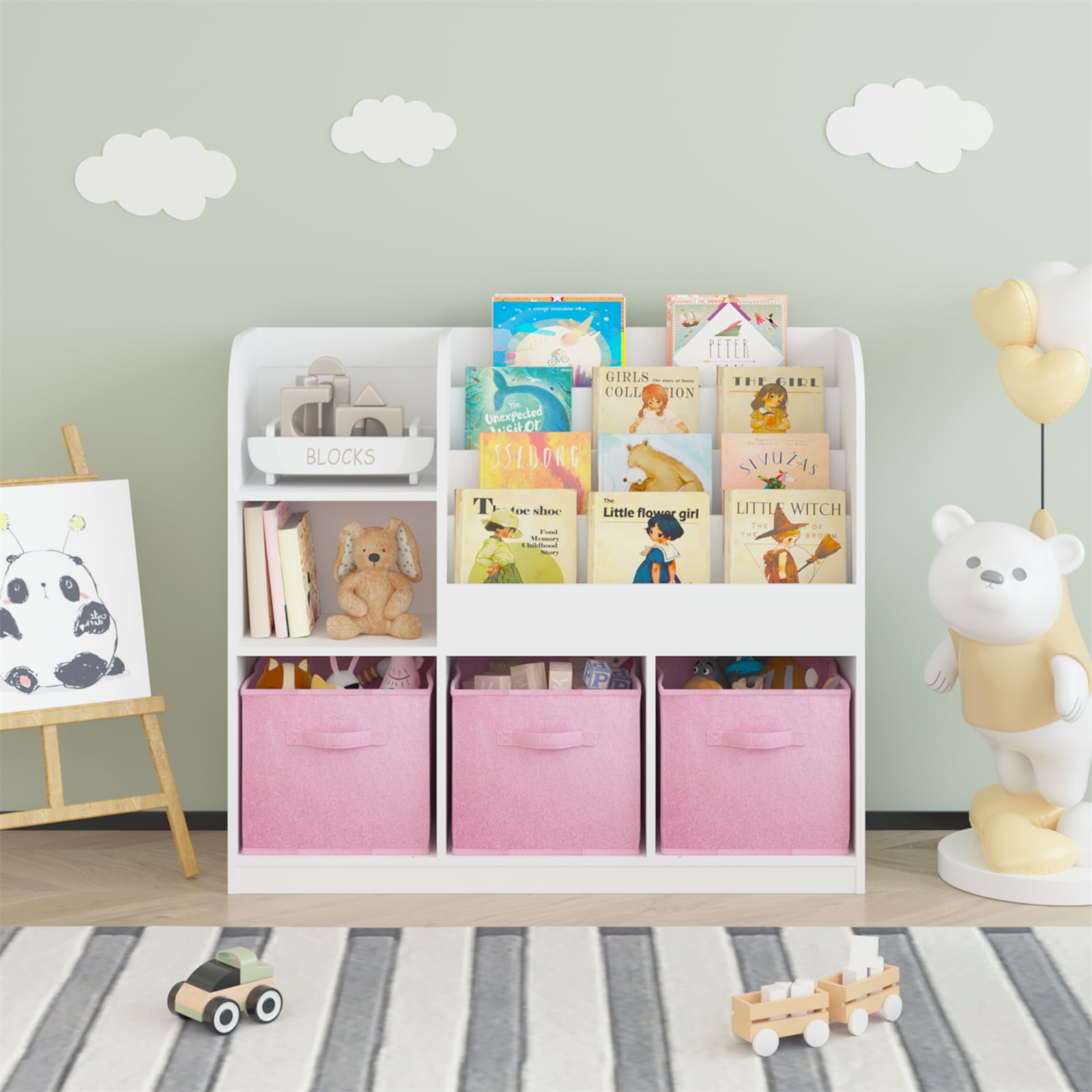 Kids Toy Storage Organizer With 3Fold-ableFabric Drawers, Wooden Open Shelf Bookcase With ...