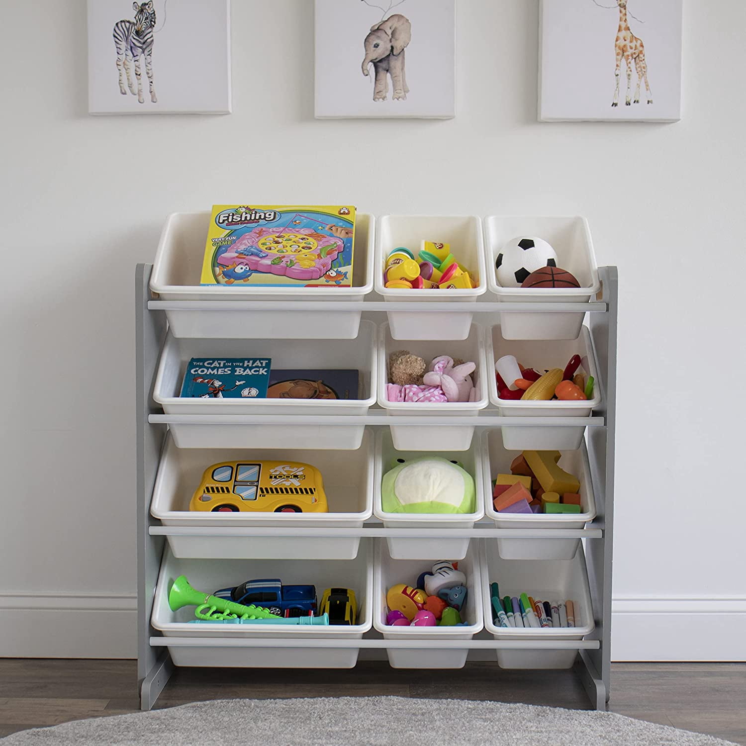 Kids Toy Storage Organizer with 12 Plastic Bins, Grey/White – Removable ...