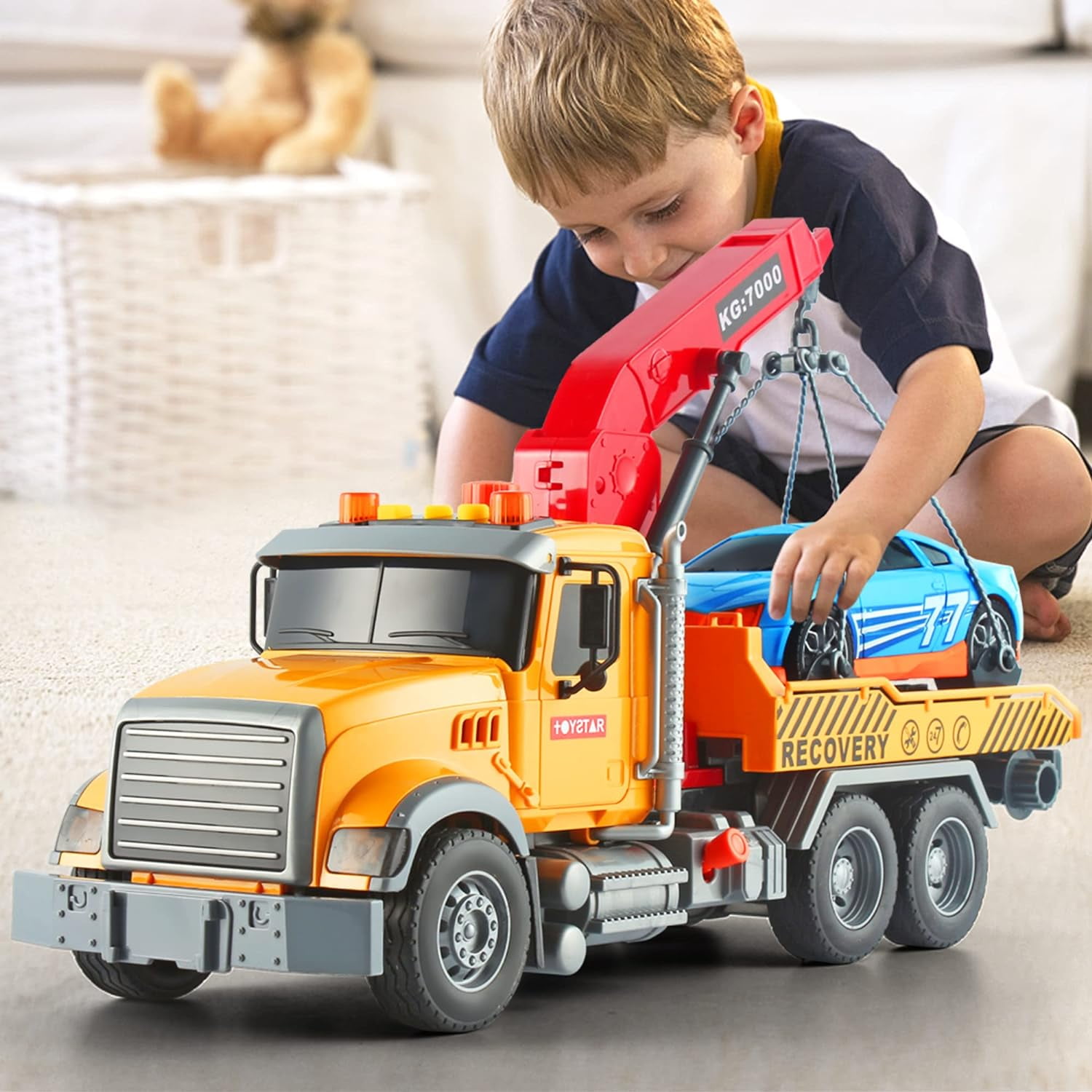 ILANKTOZI 15" Large Tow Truck Friction Powered Transport Truck Crane ...