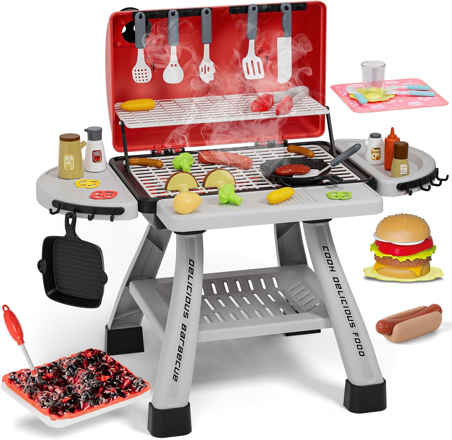 Kids Toys Kitchen Playset, Kids BBQ Grill Playset with Smoke, Sound ...