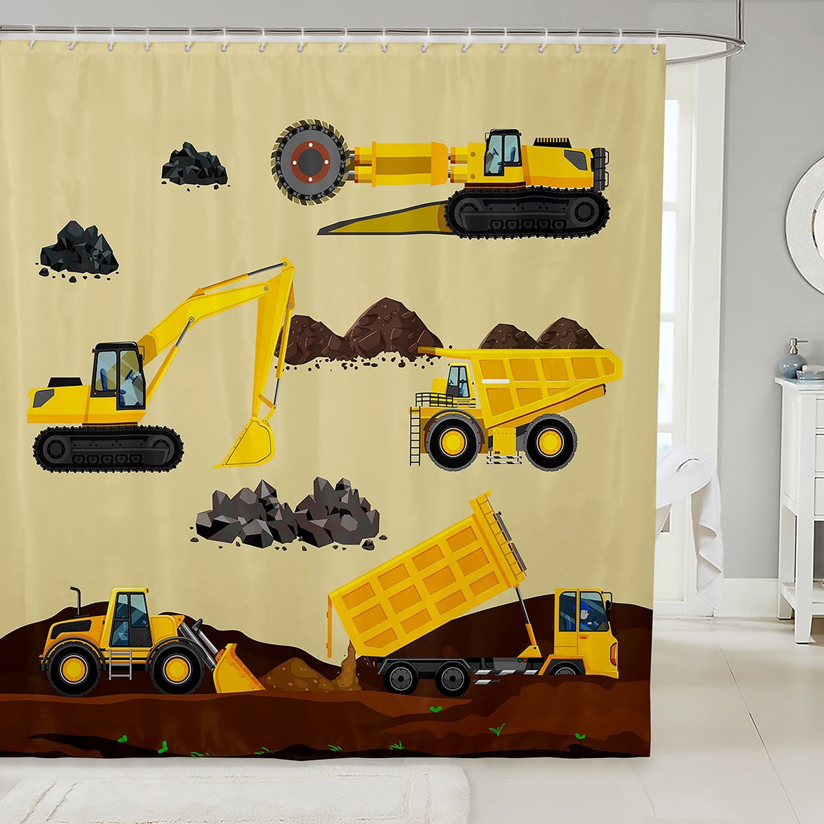 Tractor Construction Truck Shower Curtain, Equipment Excavator Shower ...