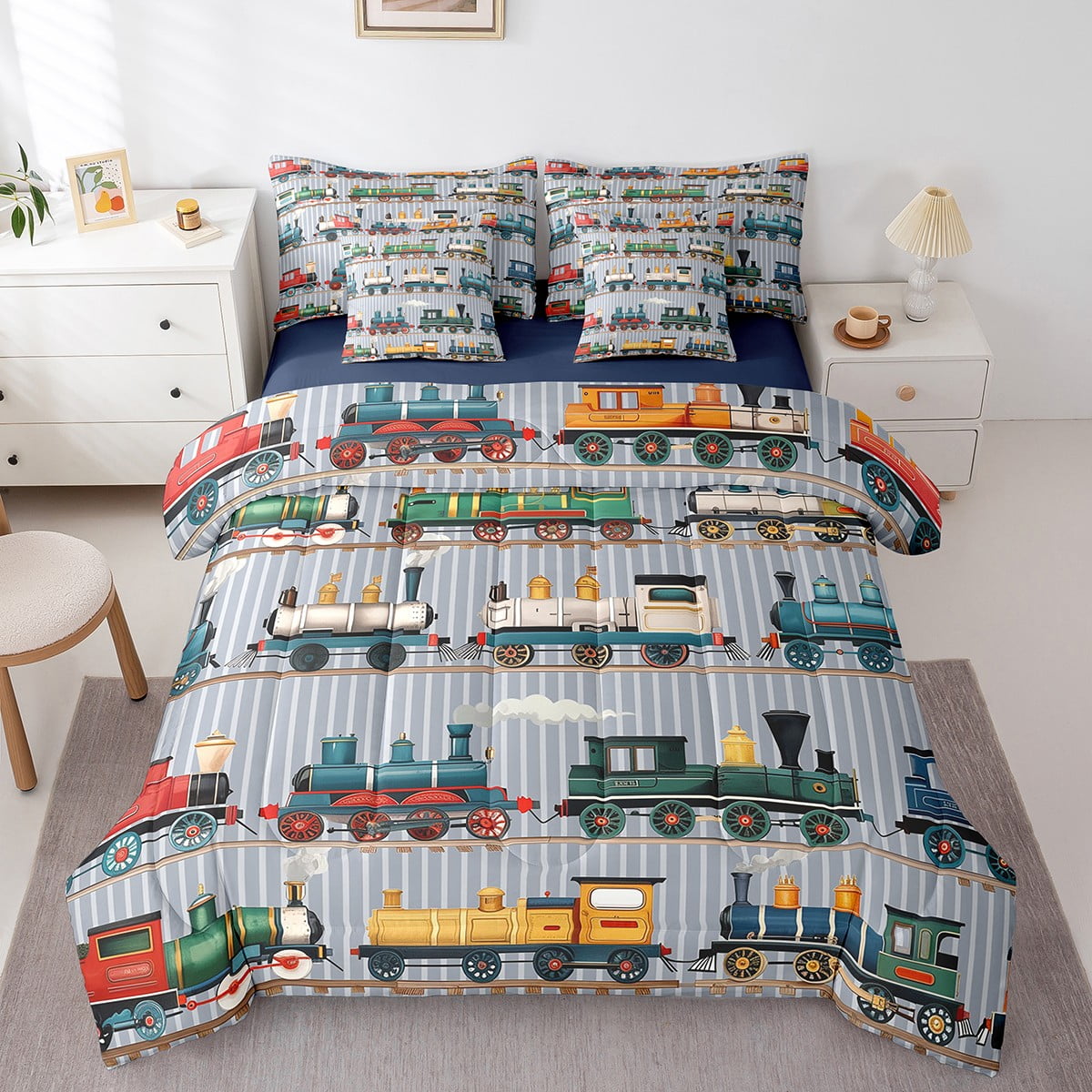 Kids Train Comforter Set Queen Size Colorful Steam Engine Train Bedding ...